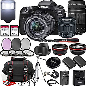 Canon EOS 90D DSLR Camera w/EF-S 18-55mm F/4-5.6 Zoom is STM Lens + 75-300mm F/4-5.6 III Lens + 2X 64GB Memory + Hood + Case + Filters + Tripod + More (35pc Bundle)