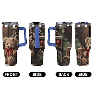 40 Oz Vacuum Tumbler with Deep Blue Handle Leakproof Insulated Tumbler Xmas Tree Branch Bear Doll Stainless Steel Travel Mug with Lid And Straw Coffee Cup Cute Water Bottles Cup Holder Friendly