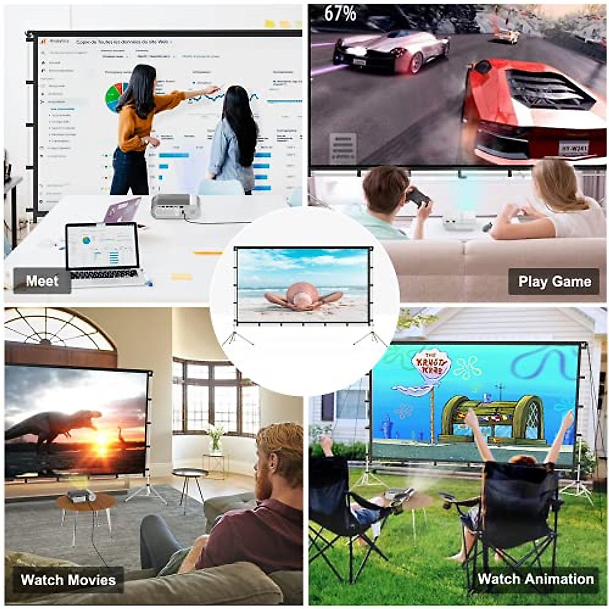 Projector Screen with Stand, Vamvo 80 inch Portable Foldable Projection Screen 16:9 HD 4K Indoor Outdoor Projector Movies Screen with Carrying Bag for Home Theater Camping and Recreational Events