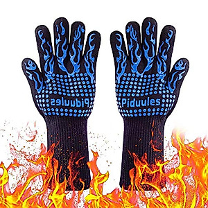 Piduules BBQ Grill Gloves, 1472°F Heat Resistant Non-Slip Grill Mitt with Elastic Cuff for Frying, Barbeque, Cooking, Baking, Oven, Cutting,14 Inch (Blue)