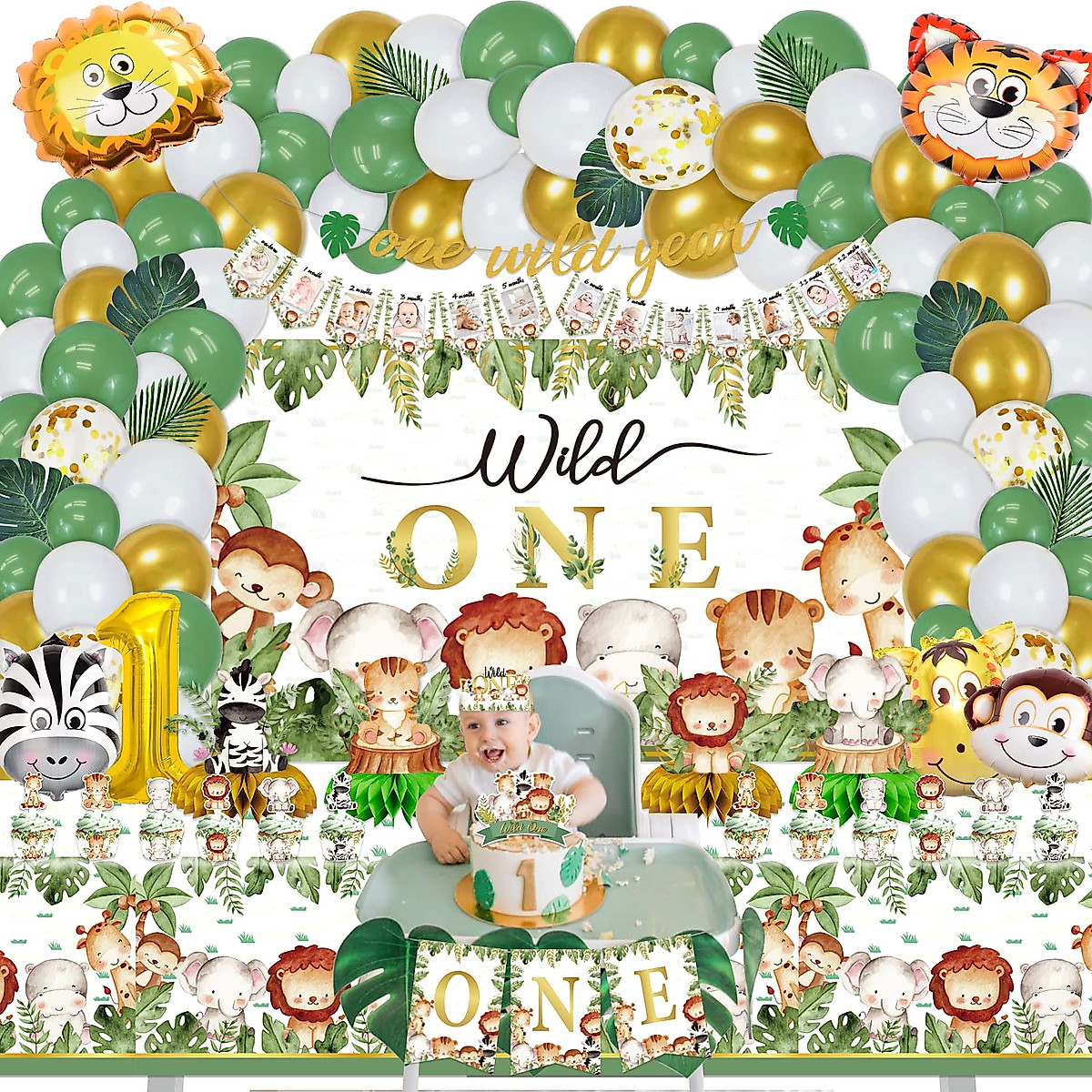 Wild One party Decorations, 150 Pcs Jungle Animal Party Supplies Decor for Boy Girl Birthdays with Banners Cake Topper Cupcake Topper Cupcakes Wrappers Balloons Backdrop Tablecloth Centerpieces