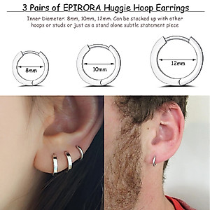Small Cartilage Hoop Earrings for Women Men, 3 Pairs Hypoallergenic Sterling Silver Post Huggie Earrings, 8/10/12mm, Silver