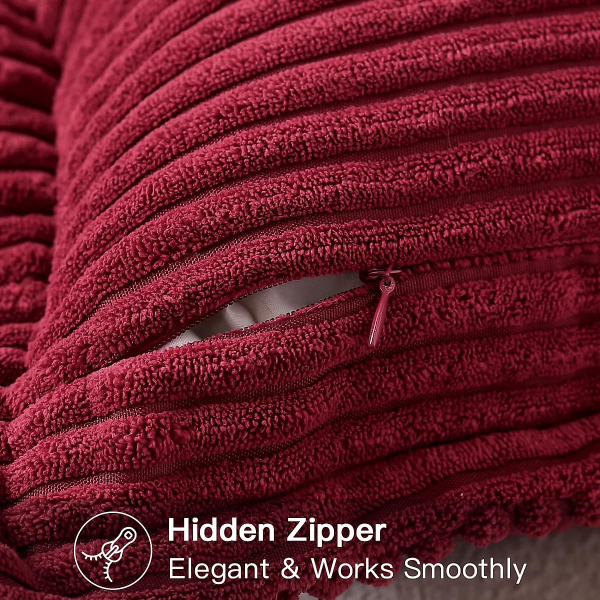 OTOSTAR Set of 2 Corduroy Throw Pillow Covers with Splicing Super Soft Boho Striped Pillow Covers Broadside Decorative Textured Throw Pillows for Couch Sofa Bed Living Room 18x18 Inch, Burgundy