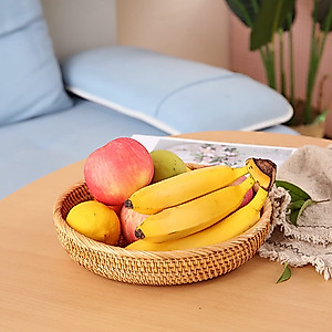 I-lan 10 Inch Round Bread baskets with 2" Wall, Rattan Fruit Basket with Rolled Edge, Decorative Natural Basket Wicker Bowl for Nuts, Candy Catch All Dish, Storage, Coffee Table, Brown, L