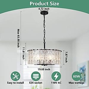 CWarmozy 19.7'' Luxury Black Chandelier for Dining Room 5-Light Modern Crystal Chandeliers Water Ripple Glass Light Fixture Elegant Ceiling Hanging Light for Kitchen Island Bedroom Living Room