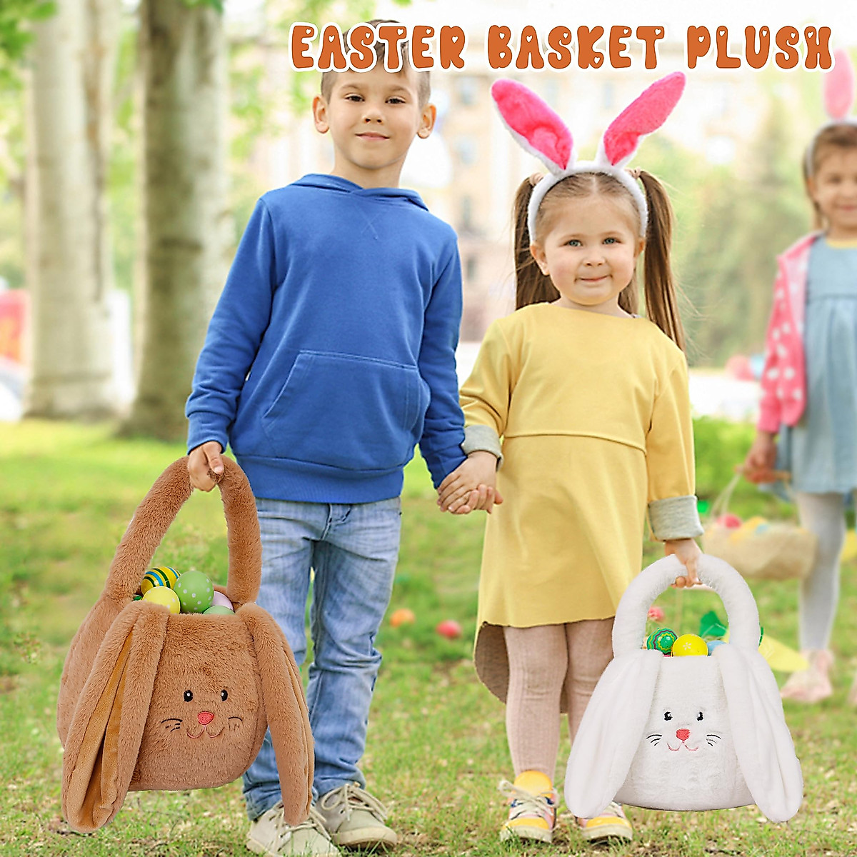 OurHonor Easter Basket Plush, Bunny Easter Basket For Kids, Plush Easter Buckets With Long Ear Easter Bags for Boys Girls, Easter Tote Bags For Decorations Gifts Storage (Brown)
