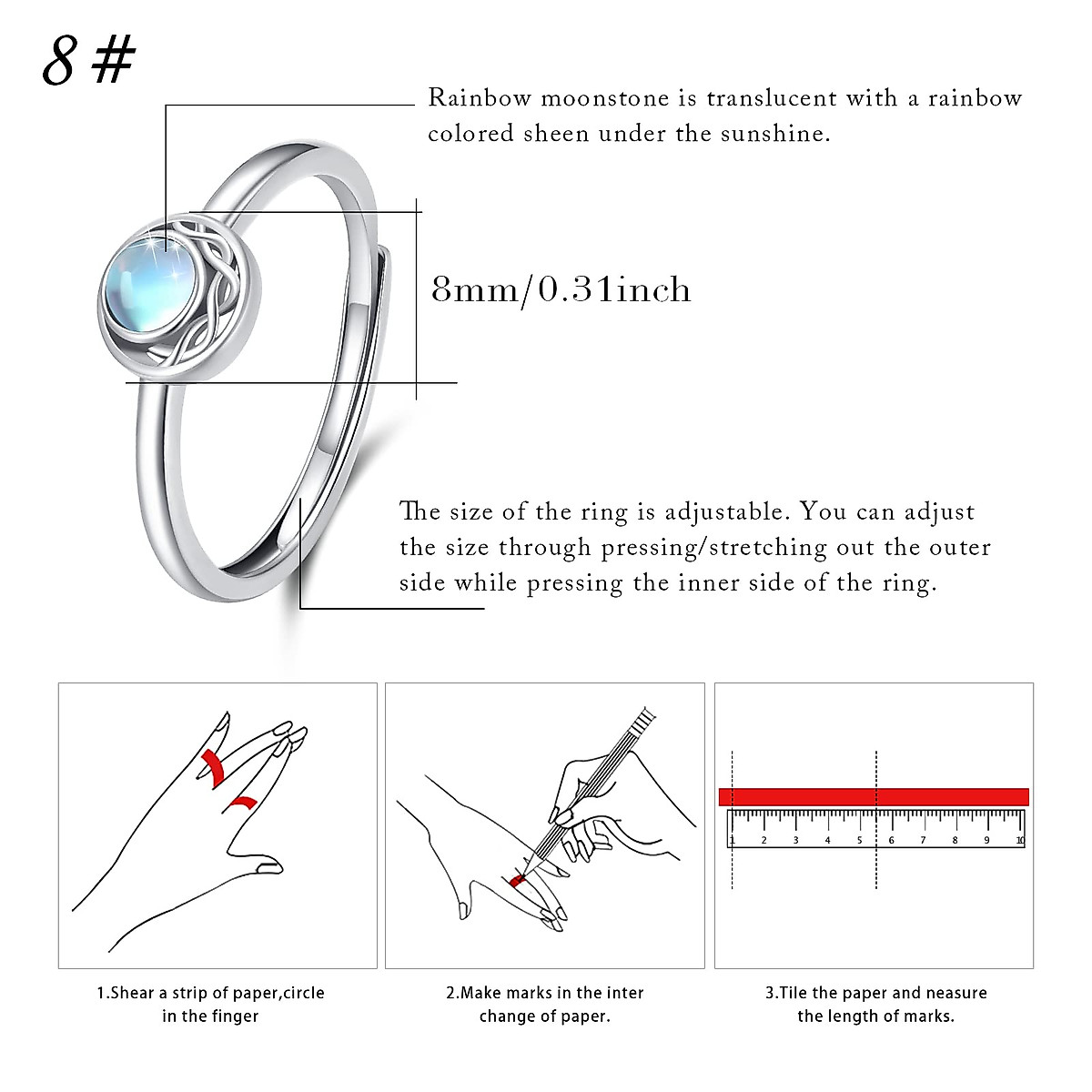 Moonstone Rings Sterling Silver Celtic Knot Adjustable Ring Rainbow Moonstone Stackable Thumb Fashion Finger Hollow Knot Wrap Around Spoon Ring Irish Jewelry Good Luck Gifts for Women (Celtic Knot Moonstone Ring)