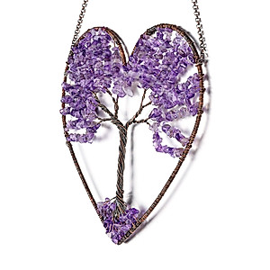 Jovivi Tree of Life Feng Shui Crystal Heart Hanging Ornament Amethyst Gemstones Healing Stones Yoga Meditation Window Wall Hanger for Home Wedding Decor