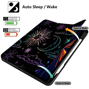 DONGKE Case for iPad Air 11 Inch M2 2024 & iPad Air 5th/4th Gen 2022 2020 10.9 inch with Pencil Holder, Ultra Thin Soft TPU Back Cover with Trifold Stand Support Auto Wake/Sleep, Sun & Moon