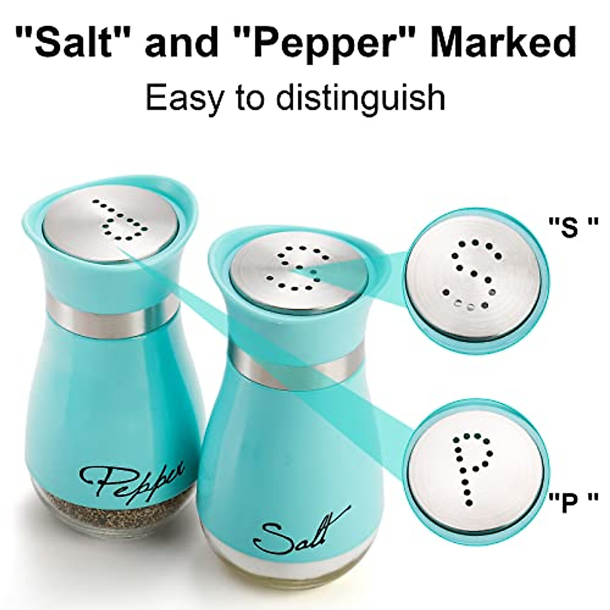 Tebery 4 Ounces Blue Salt and Pepper Shakers Set Stainless Steel & Glass Spice Dispenser Classic, Refillable Design