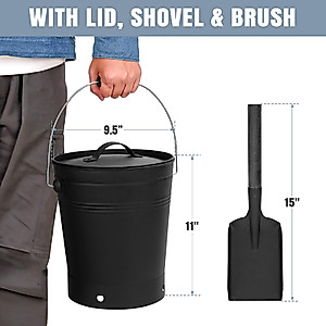 INNO STAGE Ash Bucket with Lid and Wood Handle Coal Shovel, Ash Carrier Pail Fireplace Tools,Fire Pit,Wood Burning Stove Black