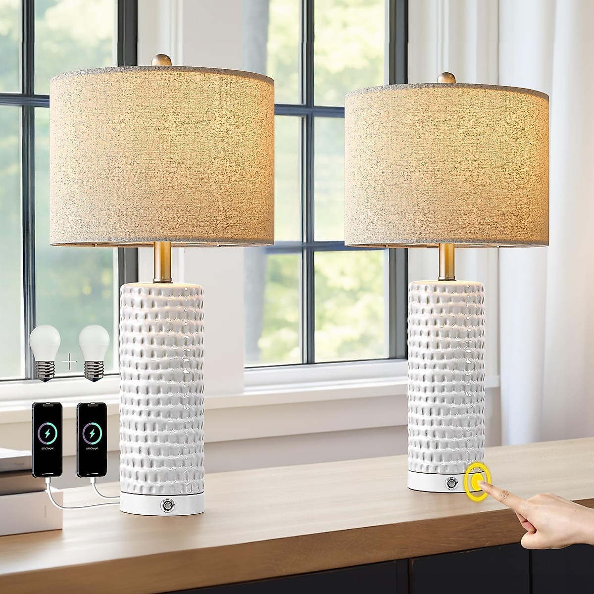 PORTRES 24" Farmhouse 3-Way Dimmable Touch Ceramic Table Lamp Set of 2 for Bedroom White Bedside Lamps with USB A+C Charging Ports for Living Room Nightstand Lamp End Table Lamps