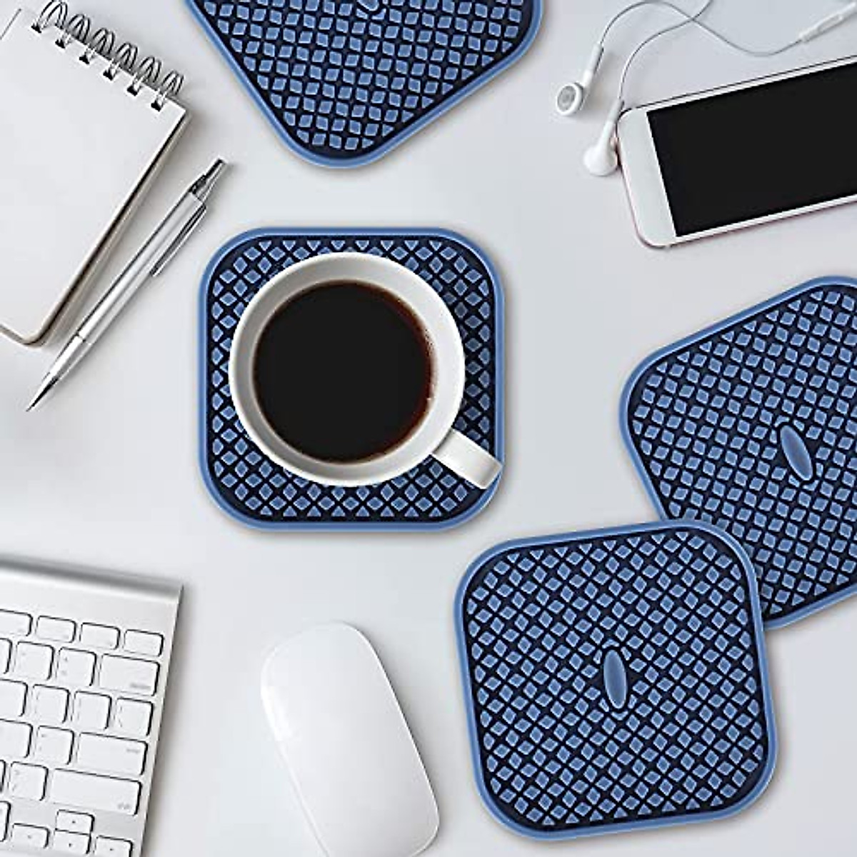 Silicone Coasters [6 Pack] ME.FAN Coasters for Drinks,Drink Coasters with Holder - Cup Mat - Non-Slip, Non-Stick, Stay Put, Deep Tray - Prevents Furniture and Tabletop Damages Square Nave Blue