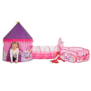 JOYIN Girls Unicorn Princess Pink Castle Play Tent with Pop Up Play Tent, Tunnel and Playhouse with Ball Pit Kids Indoor Outdoor Play Tent Set