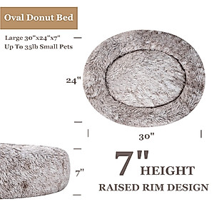 Coohom Oval Calming Donut Cuddler Dog Bed,Shag Faux Fur Cat Bed Washable Round Pillow Pet Bed(30"/36"/43") for Small Medium Dogs (L(30"x24"x8"),Light Brown)