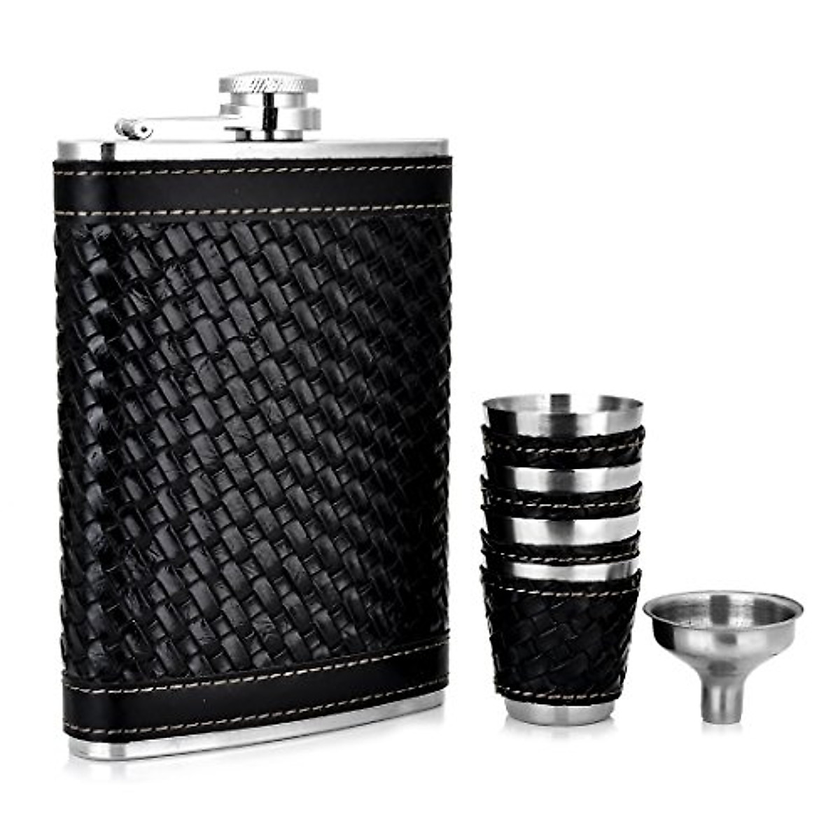 GENNISSY 9OZ Black Hip Flask Set - Woven PU Leather and Stainless Steel With Funnel and 4 Cups…