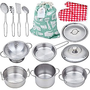 Play Pots and Pans Toys for Kids, Kitchen Playset Pretend Play Toys - Pretend Cookware Mini Stainless Steel Cooking Utensils Development Toys for Toddlers, Girls, Boys Ages 3 Years and up