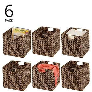mDesign Natural Woven Hyacinth Cube Organizer Basket with Handles, Storage for Bathroom, Laundry Room Shelf or Nursery - Perfect for Cubby Storage Units - Hold Blankets and Books - 6 Pack, Brown Wash