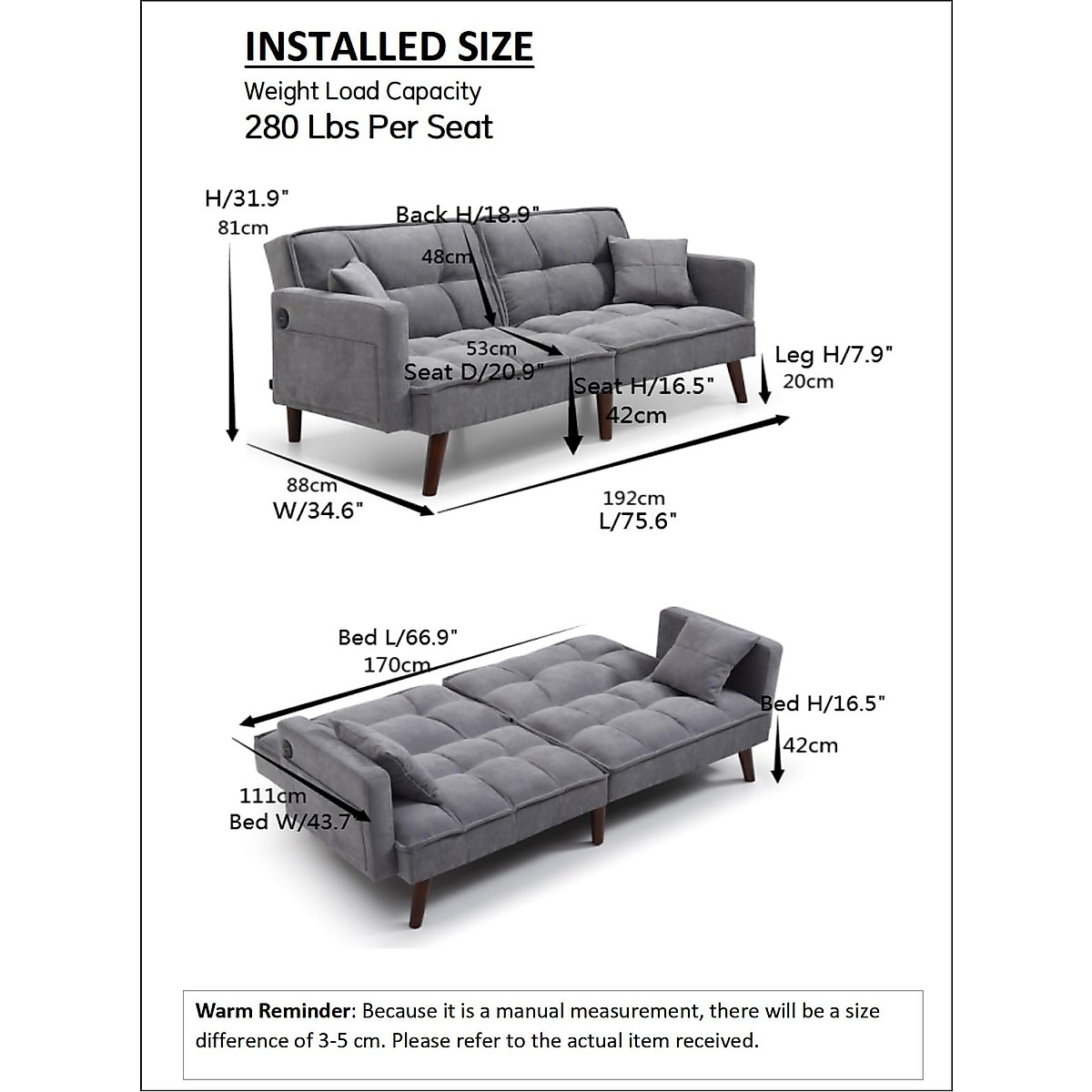 mr.waiba 75" Sofa Bed Adjustable Sleeper Sofa, Small Sofa with USB Charging Port for Living Rooms/Small and Medium-Sized Spaces, Chenille Fabric, Lazy Lounge Sofa Apartment Sofa Bed(Green)