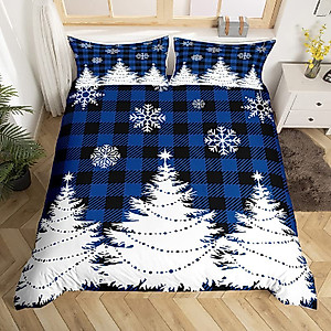 Christmas Kids Bedding Set White Christmas Tree Bedding Duvet Cover Set for Boys Girls Decor Snowflake Comforter Cover Set Blue Black Buffalo Check Bedspread Cover Bedroom Quilt Cover 3Pcs Full Size