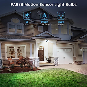 Torkase Upgraded Motion Sensor Light Bulbs, Outdoor Security PAR38 Flood LED Light Bulbs with Light Sensor,E26 Movement Activated 5000K Daylight, 20W 2000LM-150W Equivalent, for Indoor-Outdoor, 2 Pack