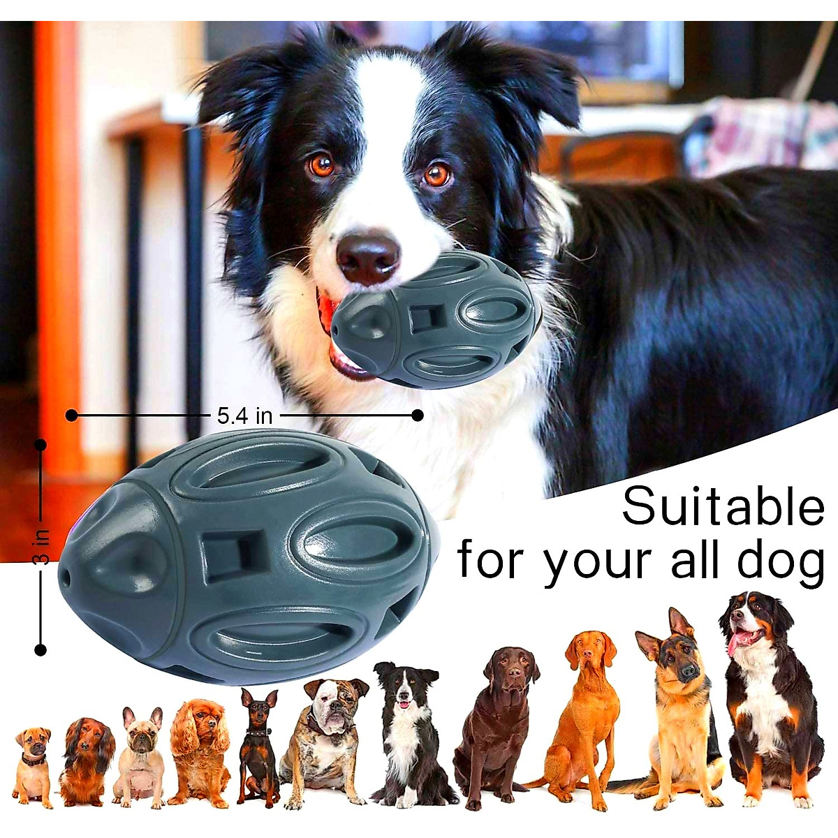 vnice Indestructible Squeaky Dog Toy,Elasticity Rubber Rugby,Puppy Clean Toothbrush, Anxiety Release, Pet Interactive Ball Toy for Small Medium and Large Breed(Gray)