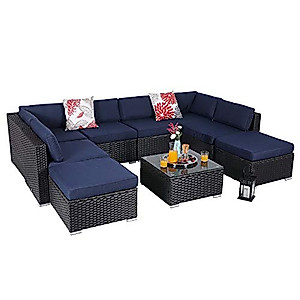PHI VILLA Patio Furniture Set Outdoor Wicker Sectional Sofa, Low Back Rattan Patio Conversation Set for Large Space with Tea Table, Clips & Washable Couch Cushions(9 Piece, Navy Blue)