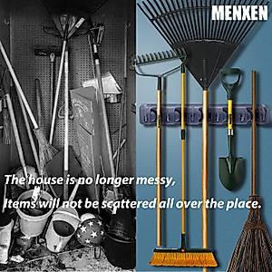 MENXEN Mop and Broom Holder, Wall Mount Garden Tool Organizer, Home Organization Rack and Garage Organizer, 5 Position with 6 Hooks (Grey)