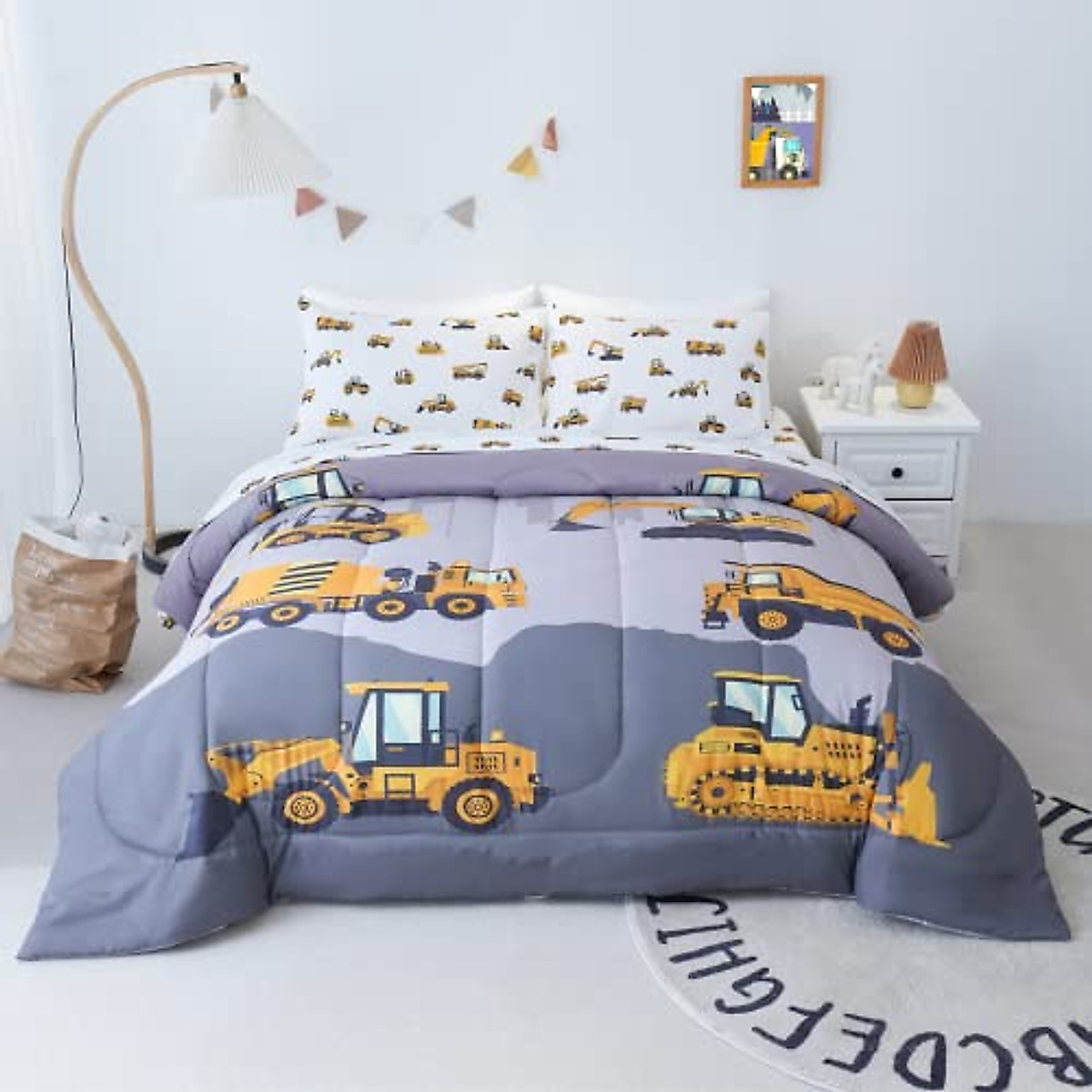 Cokouchyi 4-Pcs Construction Kids Bedding Set for Boys, Twin Size Comforter Set with Sheets and Pillowcase, 4-Pcs Soft Lightweight Bed in a Bag, Fluffy & Durable Children Bed Set, Cartoon Truck Cars