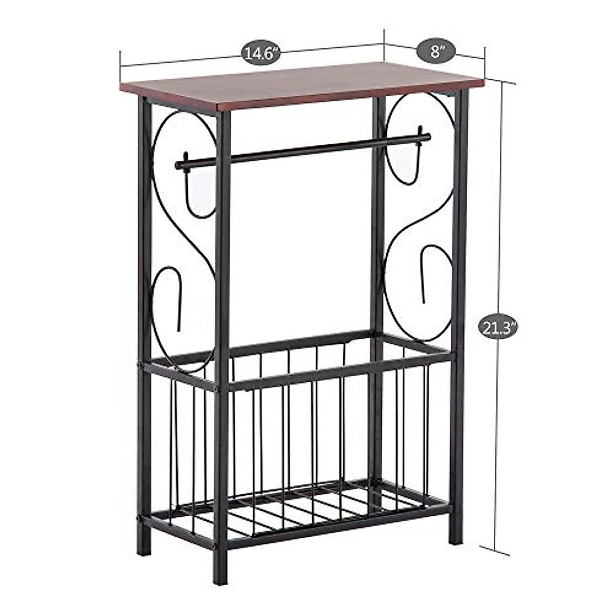 WEI WEI GLOBAL Toilet Paper Holder and Magazine Rack Side Table, Bathroom Storage Table Stand Shelf with Wooden Top and Metal Frame, Brown