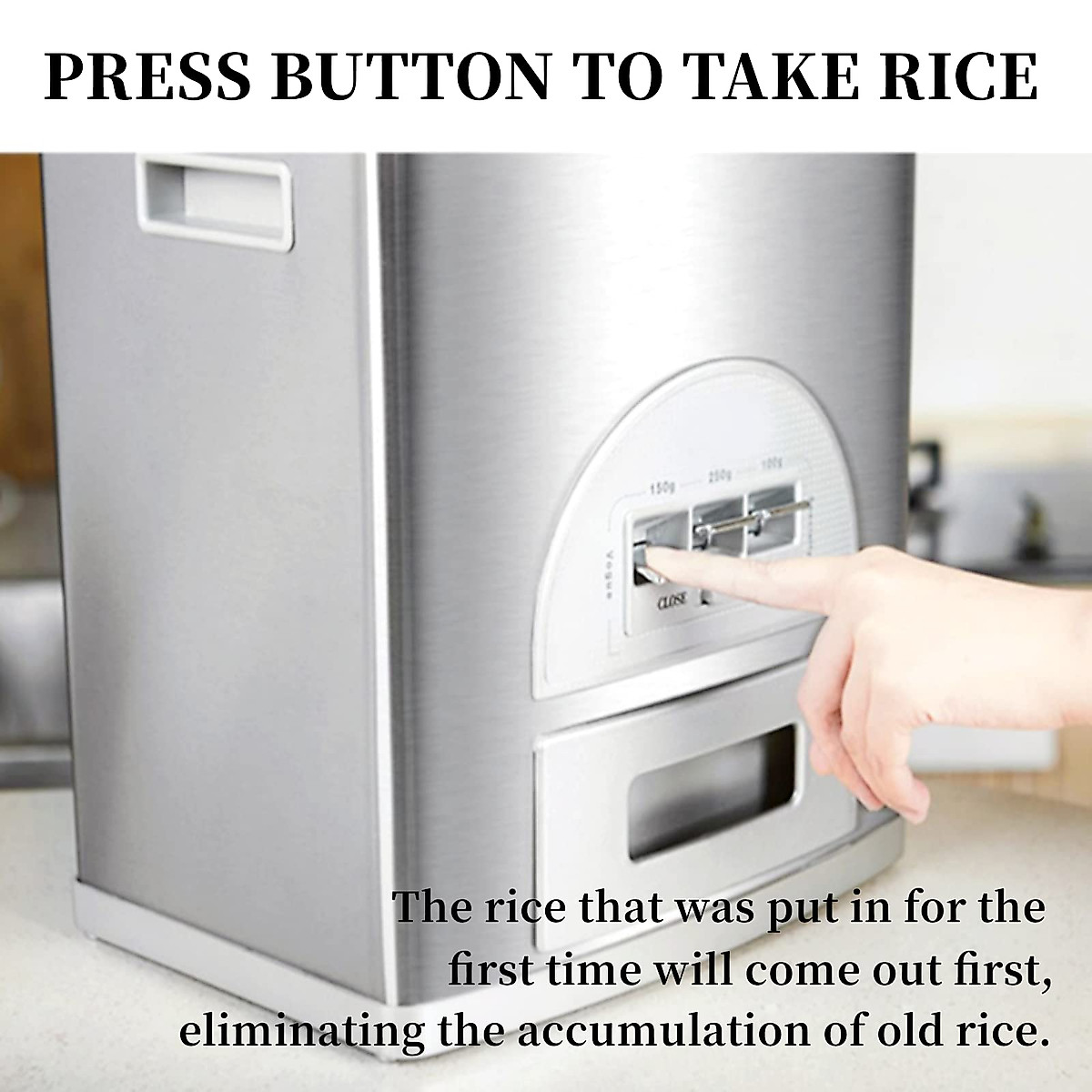 Auto Rice Dispenser, 15kg/33lb Capacity Rice Storage Container Stainless Steel+ABS Large Grain Dispenser 100g/150g/250g Automatic Rice Dispenser for Small Grains, Beans, Rice (Rice not included)