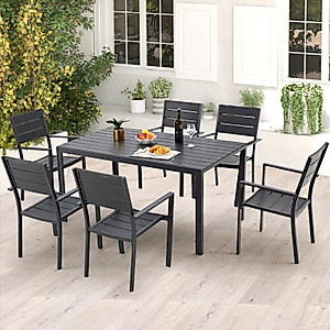 U-MAX 7-Piece Aluminum Outdoor Dining Set, Patio Table and Chairs Set for 6 Morden Outdoor Furniture Set with Aluminum Frames, Rectangular Table and Stackable Chairs for Garden, Black