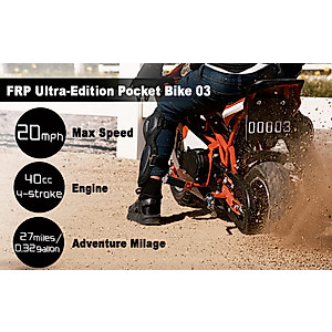 FRP 50cc 2-Stroke Pocket Bike 03, EPA Approved Gas Pocket Bike for Kids W/Strong Dual Brake, Realistic Racing Pocket Rocket Max Speed 20 Mph, Mini Bike Max Weight 165 LB-Ultra Edition (Orange)