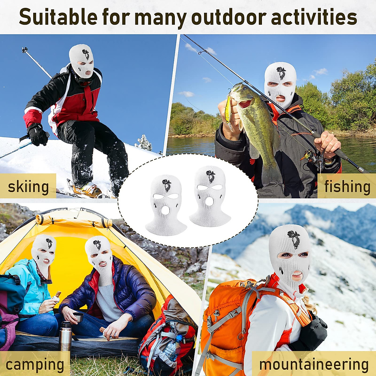 Bencailor 2 Pcs 3-Hole Knitted Full Face Cover Ski Mask Balaclava Knitted Mask Beanie Winter for Outdoor Cycling Ski Sports(White, Rose Style)