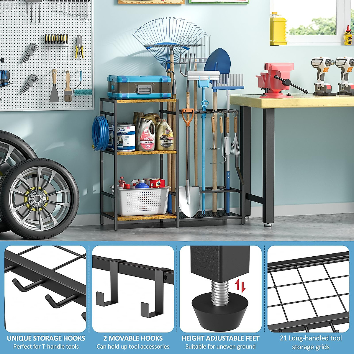 DAOUTIME Garden Tool Organizer with 3-tier Shelves, Yard Tool Organizer for Garage with 2 Hooks, Up to 21 Long-Handled Tools, Sturdy Metal Steel Tool Holder for Garage, Shed, Home, Black
