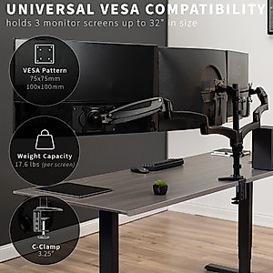 VIVO Triple Monitor Height Adjustable Desk Mount, 2 Pneumatic Arms, 1 Fixed, Counterbalance Stand, 17.6 lbs Weight Capacity, Max VESA 100x100, Fits up to 32 inch Screens, Black, STAND-V103G