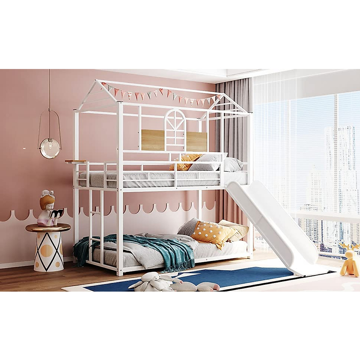 Tidyard Twin Over Twin Metal Bunk Bed,Metal Housebed with Slide,Three Colors Available.(White with White Slide) for Bedroom Dorm Guest Room Home Furniture