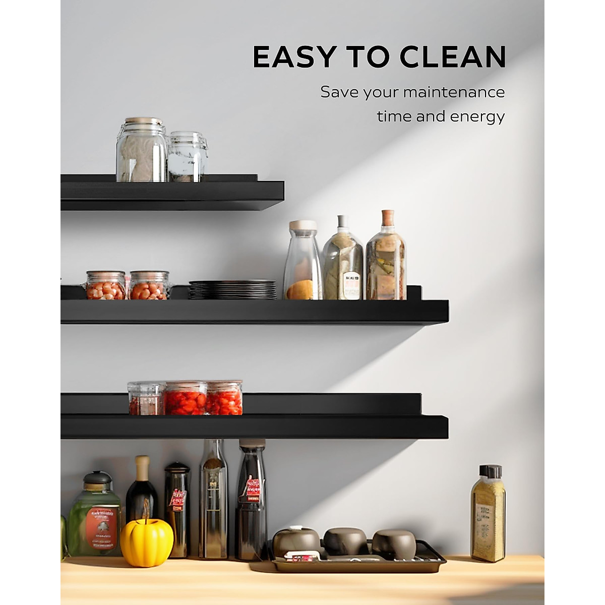 MIRROTOWEL Small 16” Floating Shelves for Wall Décor Storage, Set of 2, Wood for Bedroom, Living Room, Bathroom, Kitchen, Picture Ledge and Farmhouse（Black）