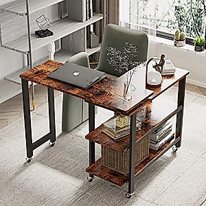 WAYTRIM 360° Free Rotating Sofa Side Table, Mobile End Table with 2 Tier Storage Shelves, Couch Side Table Sturdy Metal Frame with 6 Universal Casters, Laptop Table for Home Office - Rustic Brown
