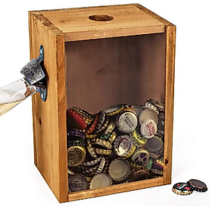 BARGIFTS Bottle Opener with Cap Collector Catcher, Wall Mounted Beer Opener,Rustic Wooden Beer Cap Holder,Gifts for Men Dad