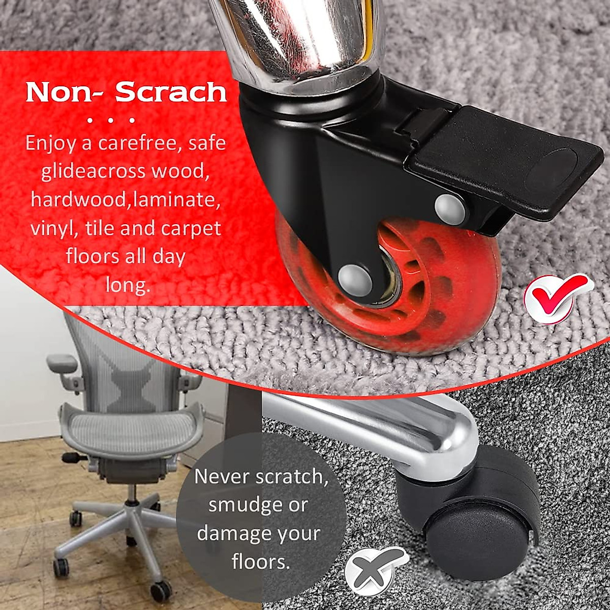 Office Chair Wheels with Brake, Replacement Rubber Chair Casters for Hardwood Floors and Carpet, Set of 5, Heavy Duty Office Chair Casters for Chairs to Replace Office Chair Mats -Universal Fit.