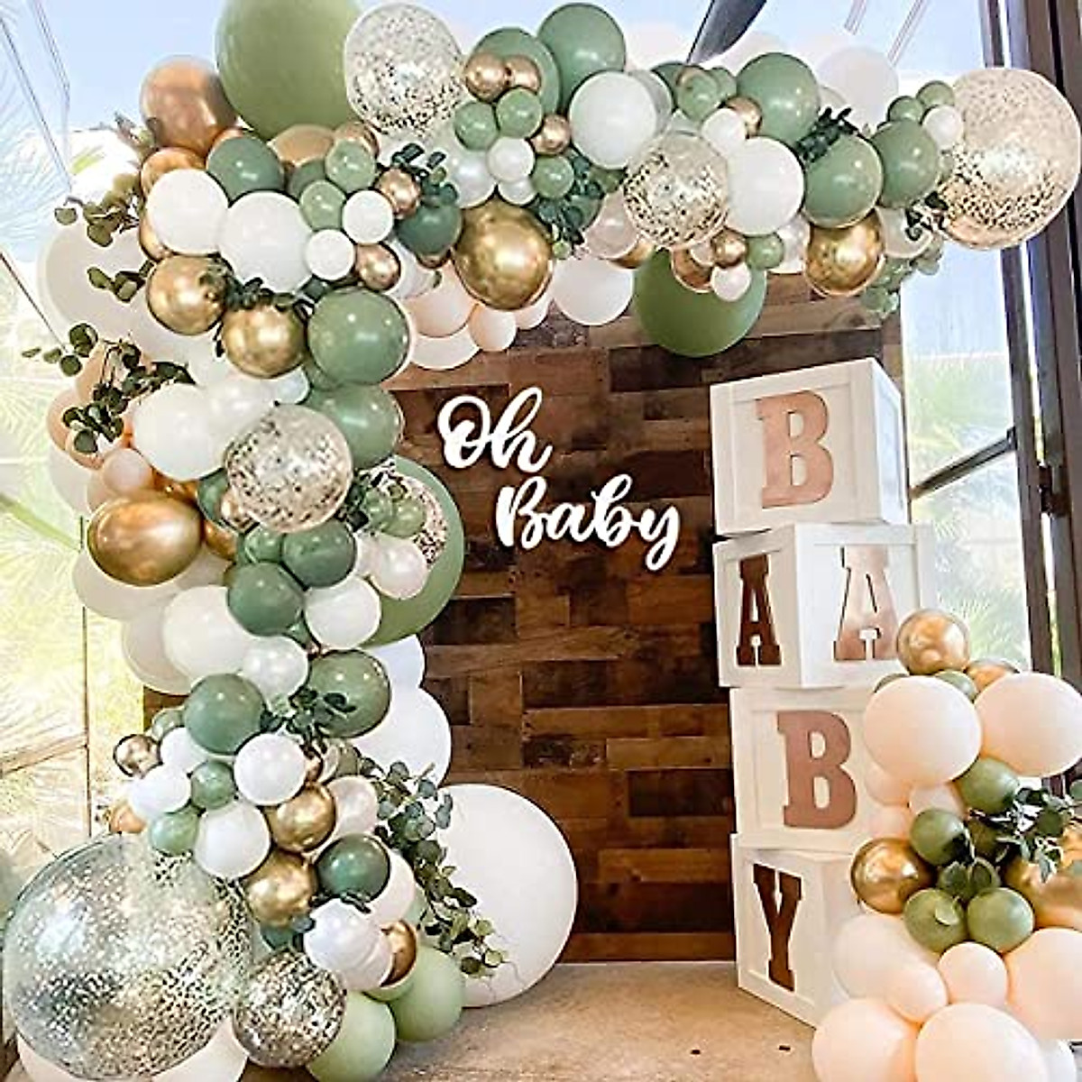 OKAKA 150pcs Olive Green Balloon Garland Arch Kit, Gold Confetti Balloons Sage Green Balloon and Gold Metallic Chrome Latex Balloons Set Wedding Birthday Balloons Baby Shower Decorations (Sage Green)
