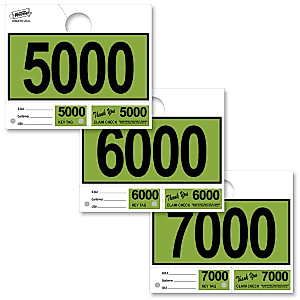 3000 Automotive 3 Part Service Dispatch Numbers Mirror Hang Tags Numbered 5000, 6000, 7000 RL78 Style Color Coded Lime Green Service Dispatch Numbers with 1.25” Slotted Hang Tag Cutout
