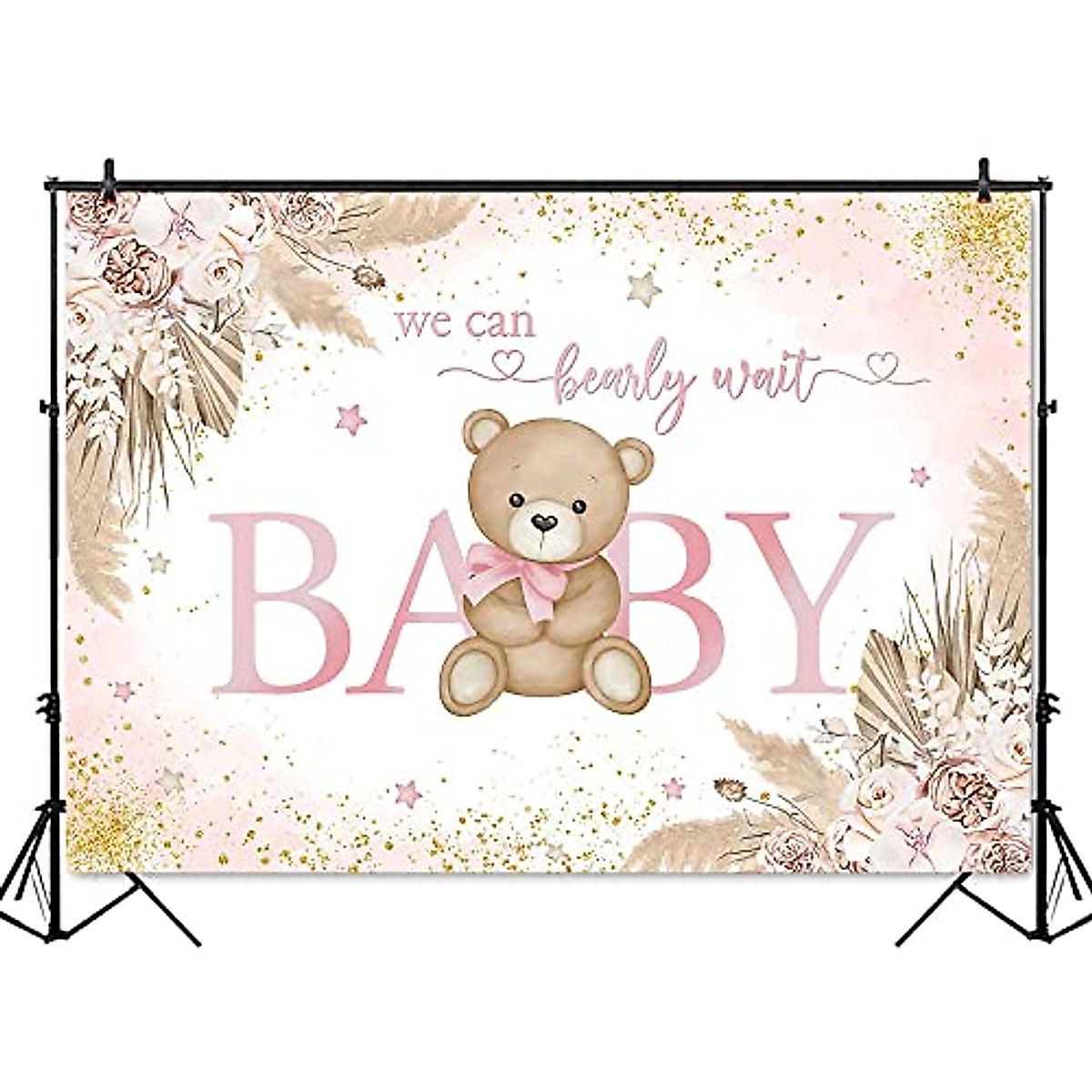 Mocsicka Girl Bear Baby Shower Backdrop Pink Boho Pampas Grass Baby Shower Background We Can Bearly Wait Baby Shower Party Cake Table Decoration Photo Booth Props (7x5ft)