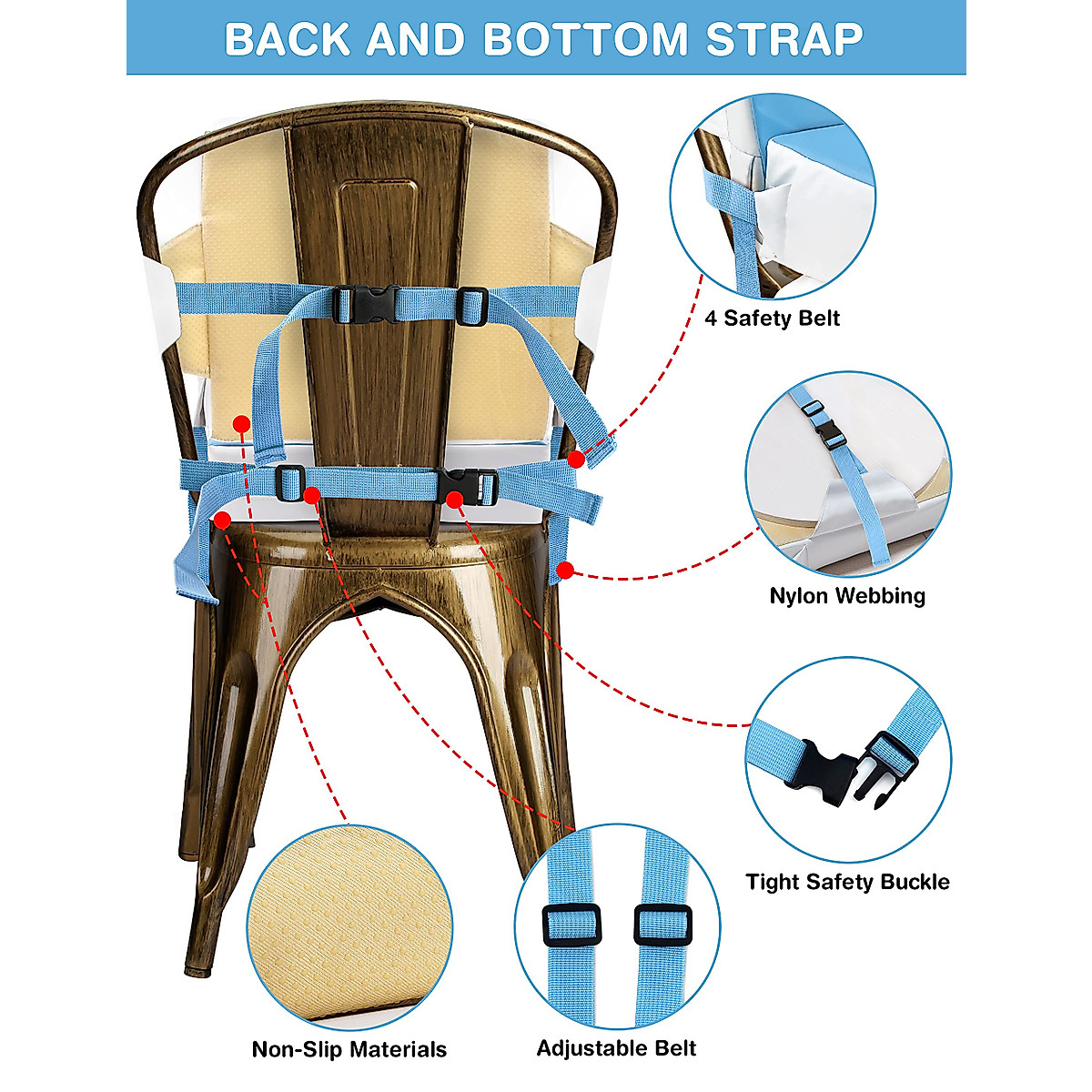 OTTOLIVES Toddler Booster Seat for Dining Table Thick Increasing Waterproof PU Washable Cushion with 2 Adjustable Straps Safety Buckle (Blue)