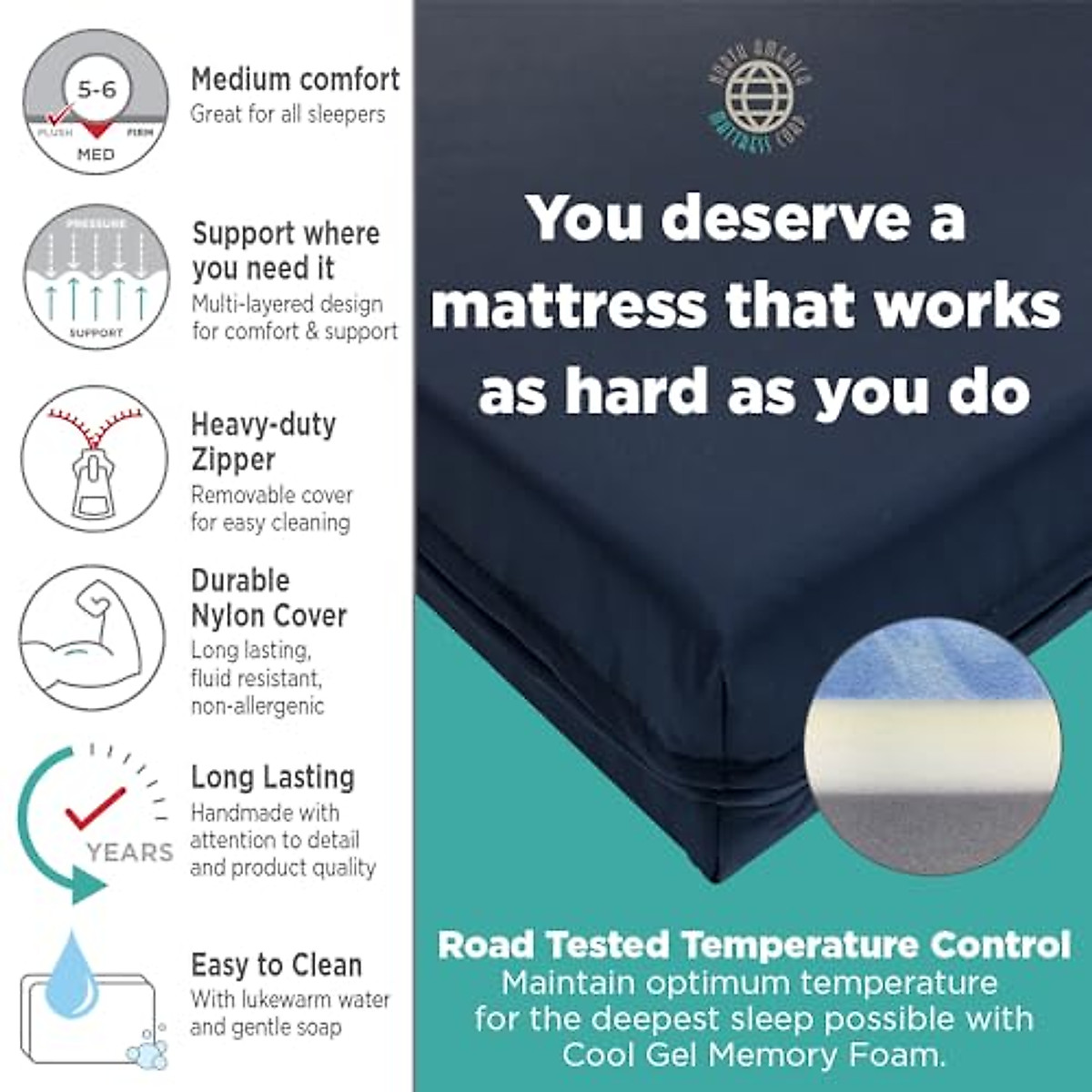 American Road Dream - Medium Comfort, Cool Gel Memory Foam Truck Mattress, 86" x 36" x 5"