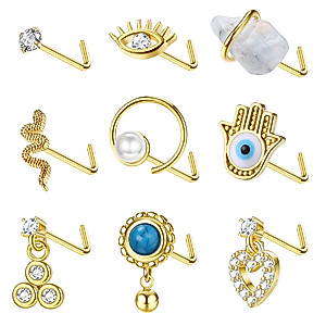 ORAZIO 9Pcs Dangle Nose Rings 20G Nose Ring Stud for Women Stainless Steel L Shaped Nose Rings Heart Snake Evil Eye Nose Studs Dangling Nose Piercing Jewelry