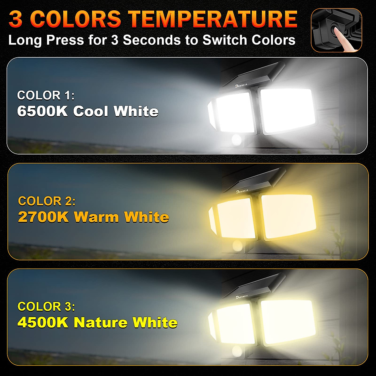 Destello Solar Lights Outdoor,Security Solar Powered Flood Lights, Upgraded High Efficiency Glass Solar Panel Motion Sensor Outdoor Lights,IP65 Waterproof,Outside Yard 3500LM,Adjustable Color 3 Modes