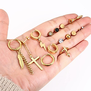 UBGICIG Earrings for Men 15Pairs Black Earrings Stainless Steel Stud Earrings Cross Dangle Hoop Men Earrings Set Fake Gauges Earrings for Women Men Piercing Jewelry Men's Earrings Set