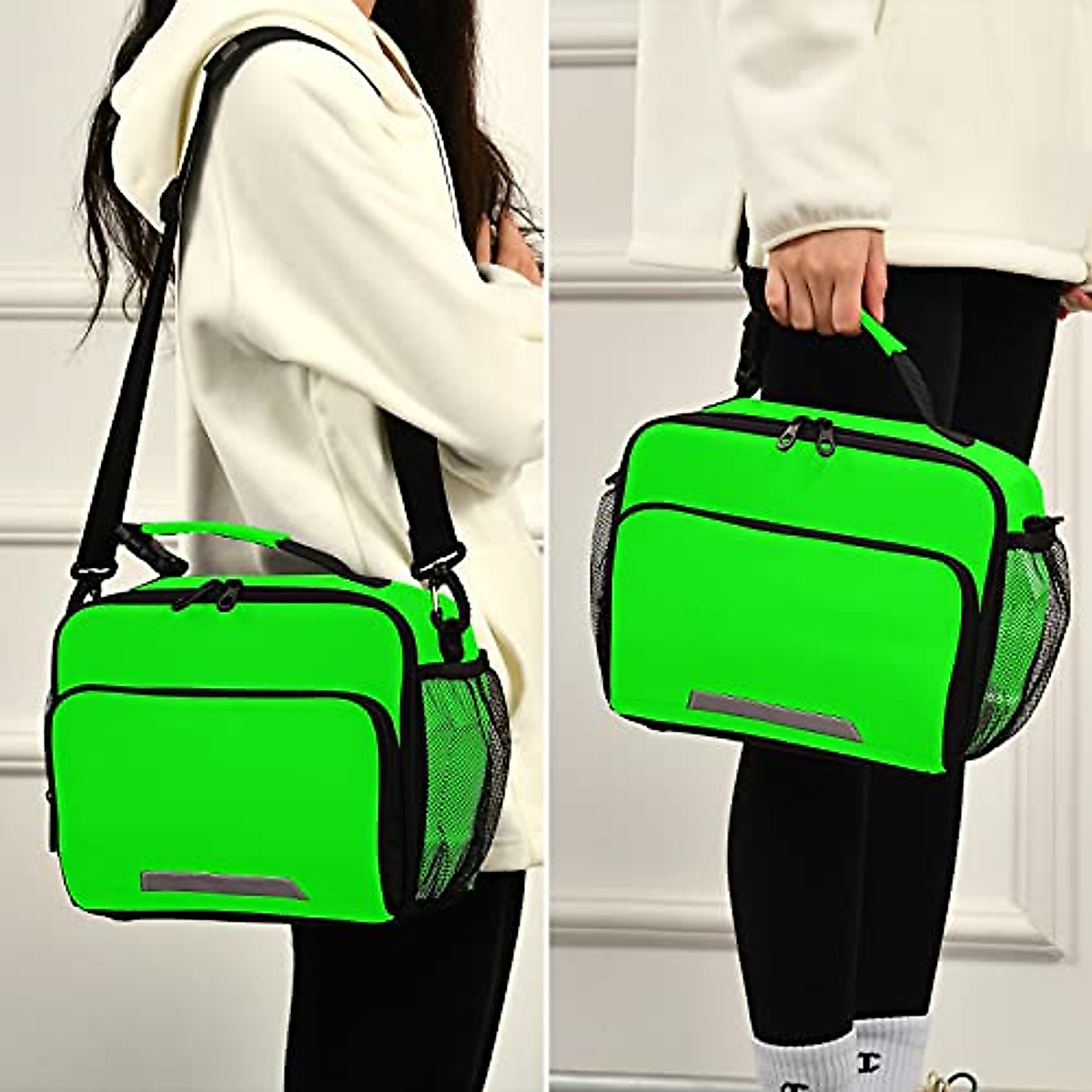 xigua Reusable Lunch Bag Insulated Lunch Box Cooler Tote Removable Shoulder Strap Meal Picnic Bags for Outdoor School Travel Office Work, Plain Neon Green Solid Color